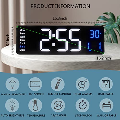 Ashionee Wall Clock, Digital Wall Clock, 16.2 in Large Digital Wall Clock, LED Digital Wall Clock with Remote Control for Living Room Decor