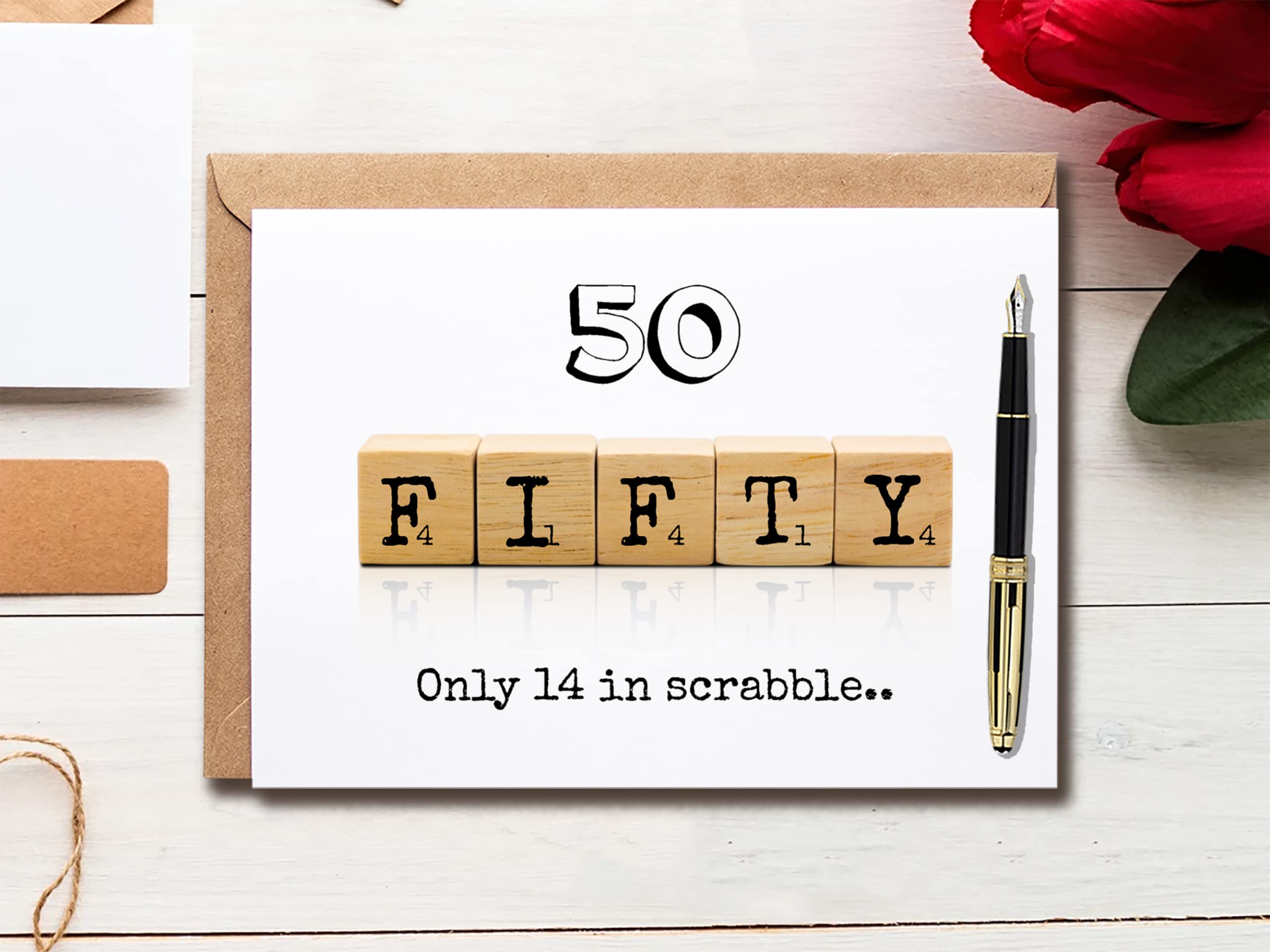 Scrabble 50Th Decade Birthday Card - 50 Its Only 14 In Scrabble - Birthday Greeting Card - Funny Greeting Card - Meaningful Greeting Cards.