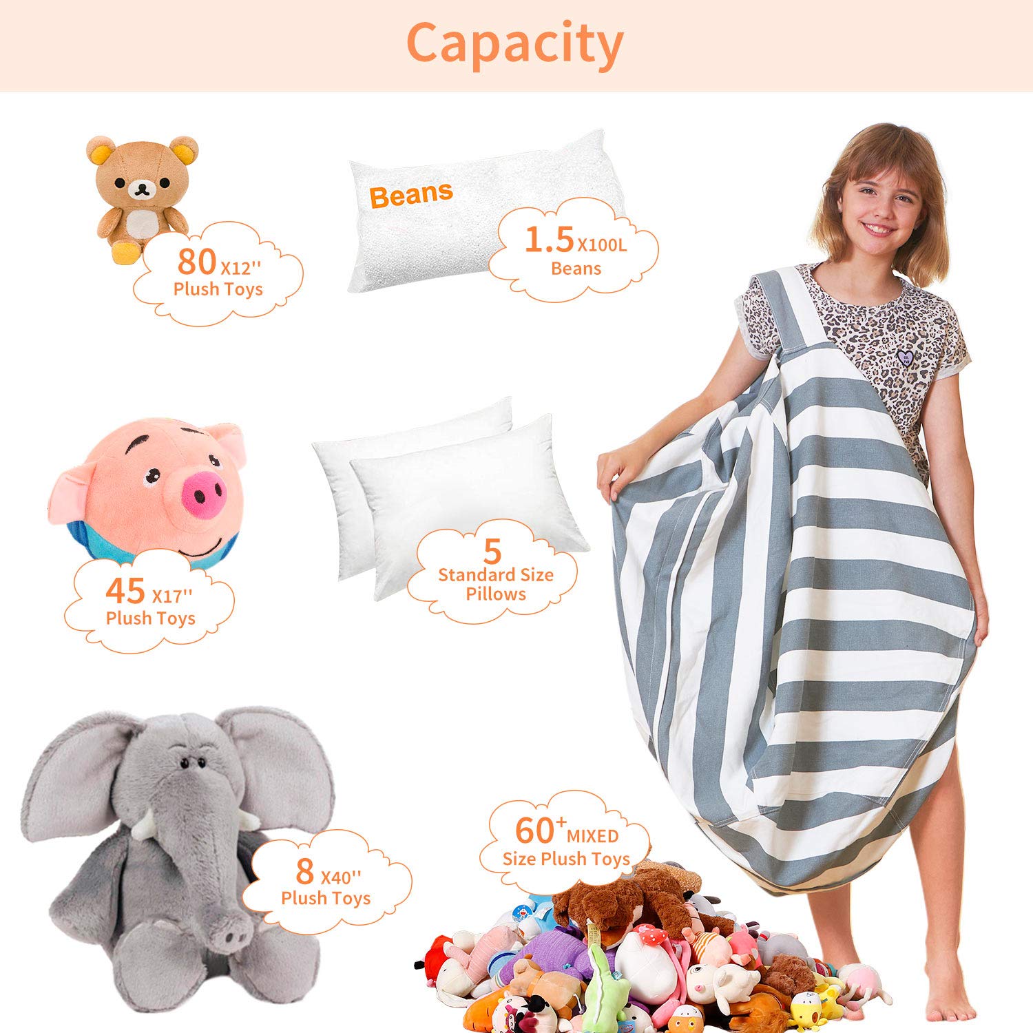 Aubliss Stuffed Animal Bean Bag Storage Chair, Beanbag Covers Only for Organizing Plush Toys, Turns into Bean Bag Seat for Kids When Filled, Medium 32"-Canvas Stripes Grey/White
