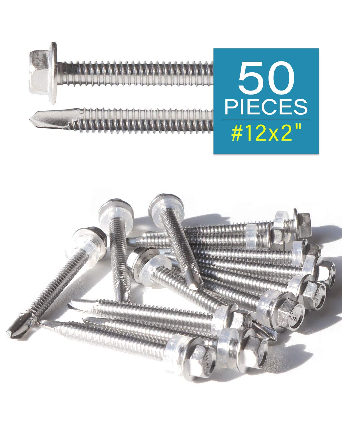 IMScrews 50pcs #12 x 2" Stainless Hex Washer Head Self Drilling Screws, 410 Stainless Steel Full Thread Sheet Metal Tek Screws