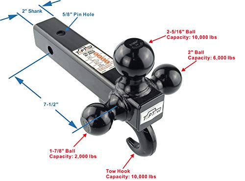 TOPTOW 64181HL Trailer Receiver Hitch Triple Ball Mount with Hook, Black Balls, with Black Dogbone Trailer Hitch Lock, Fits for 2 inch Receiver