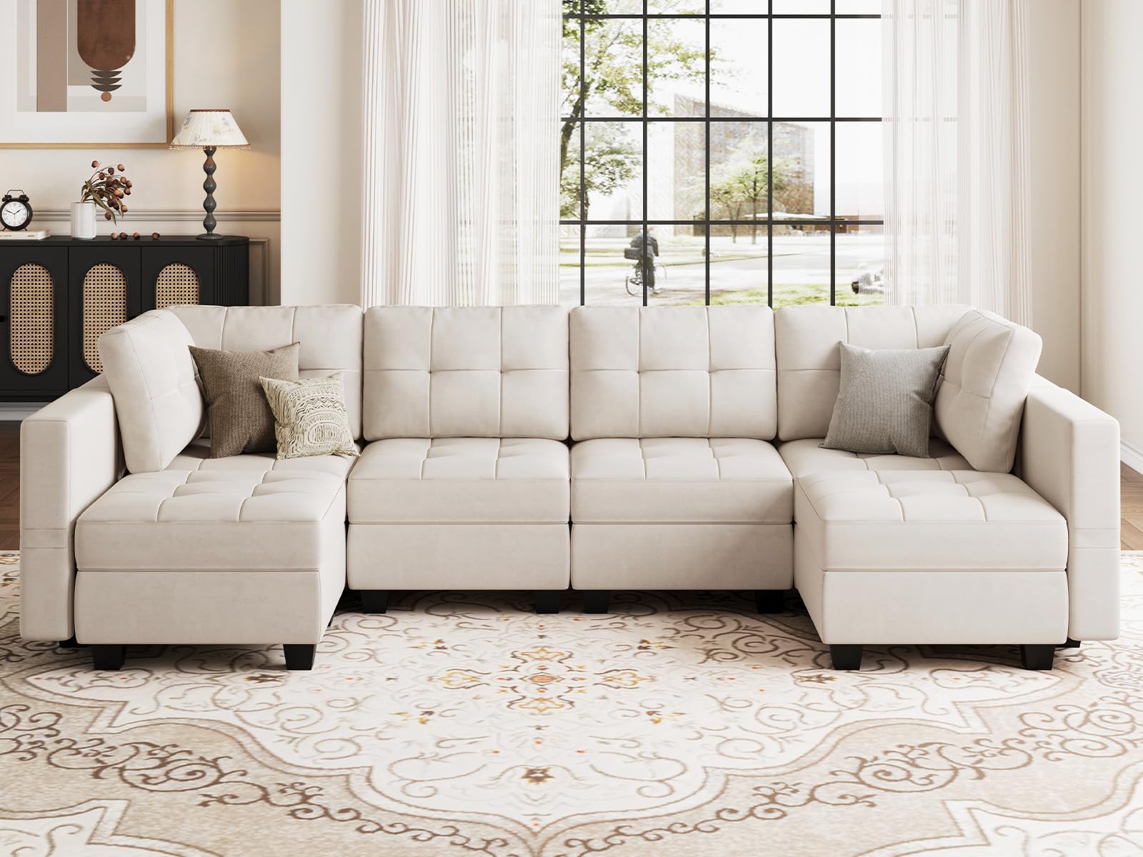 Belffin Modular U Shaped Sectional Sofa Couch, Oversized Sectional Sleeper Sofa with Stoarge Seat, Velvet Modular Sofa Set with Chaise and Ottoman for Living Room, Beige