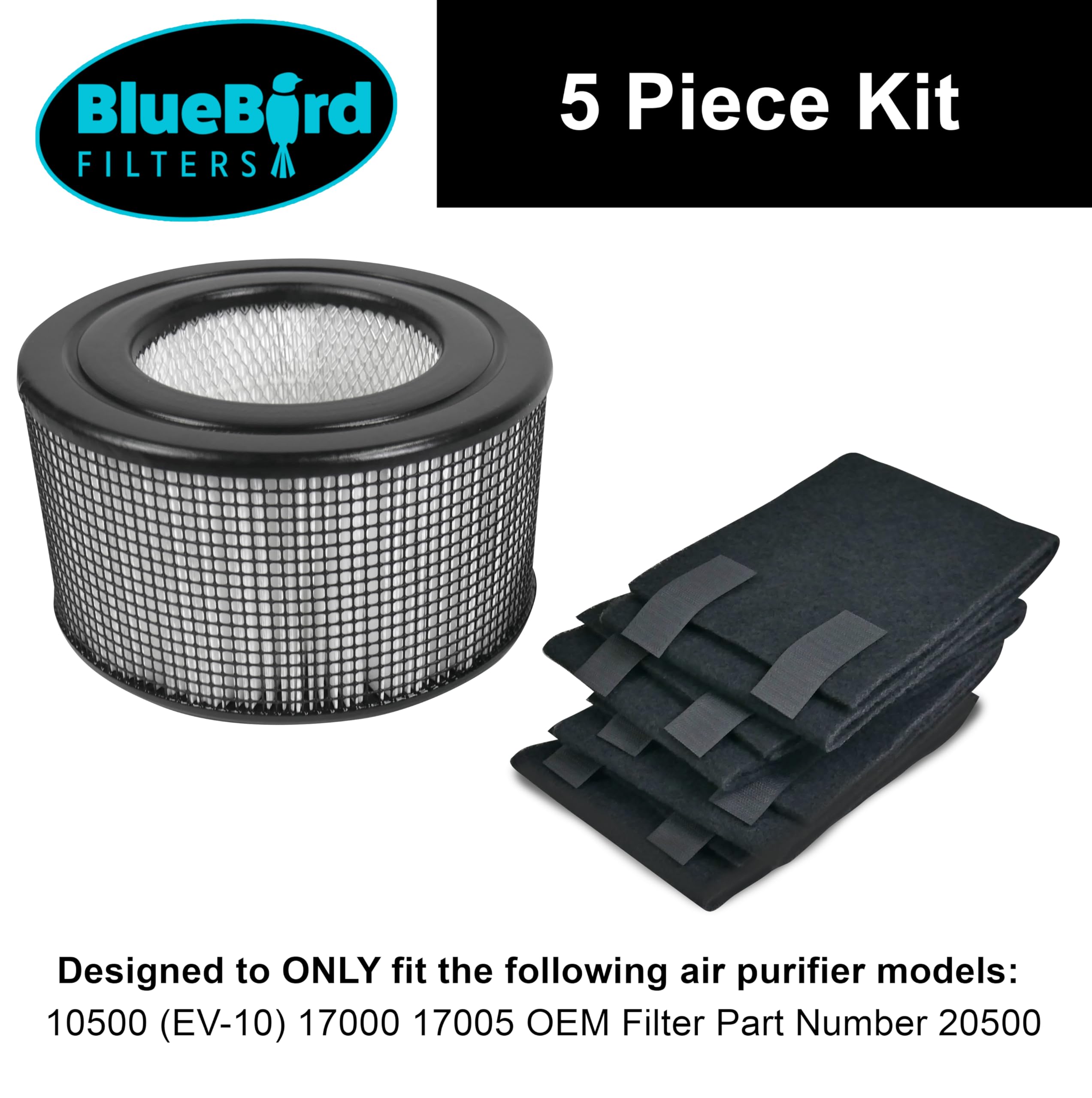 BlueBird Filters Replacement HEPA Filter & Carbon Pre Filter Kit For Honeywell 10500 (EV-10) 17000 17000-S 17005 OEM Part Number 20500 (1 HEPA + 4 Carbon Pre-Filter)