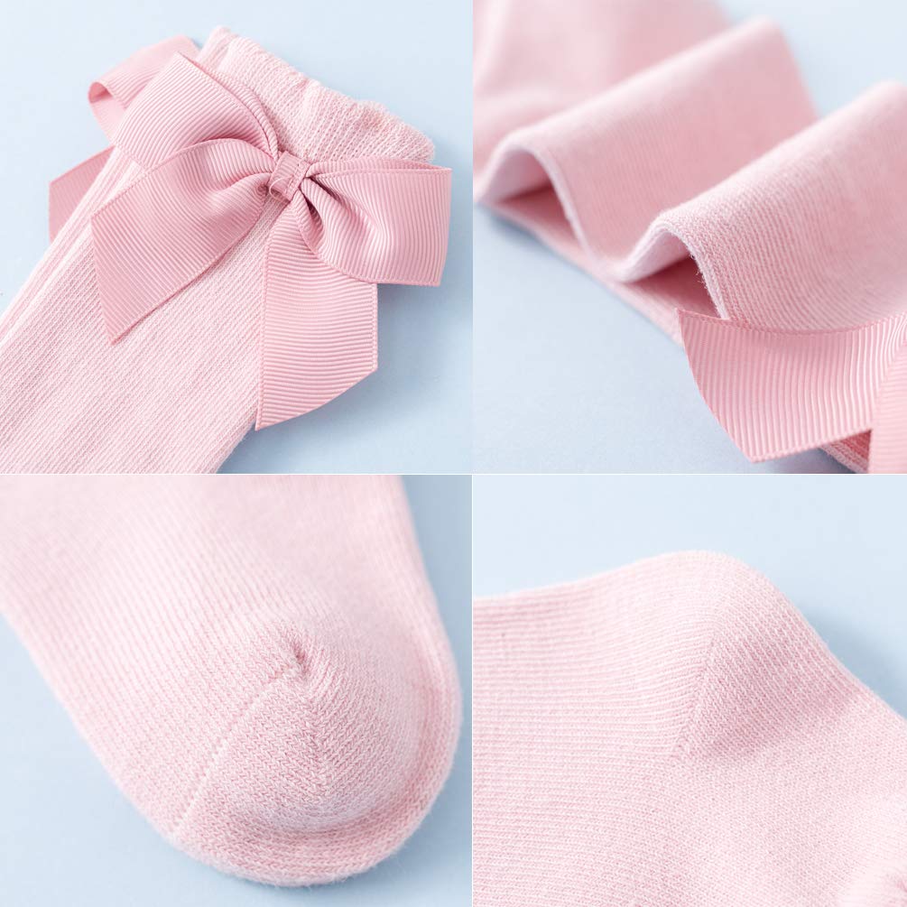 Maorrew 2 Pack Baby Girls Knee High Socks Bow Long Stockings Infants Toddlers Cotton Ruffled Uniform Leggings White 2 Pack 3-5T