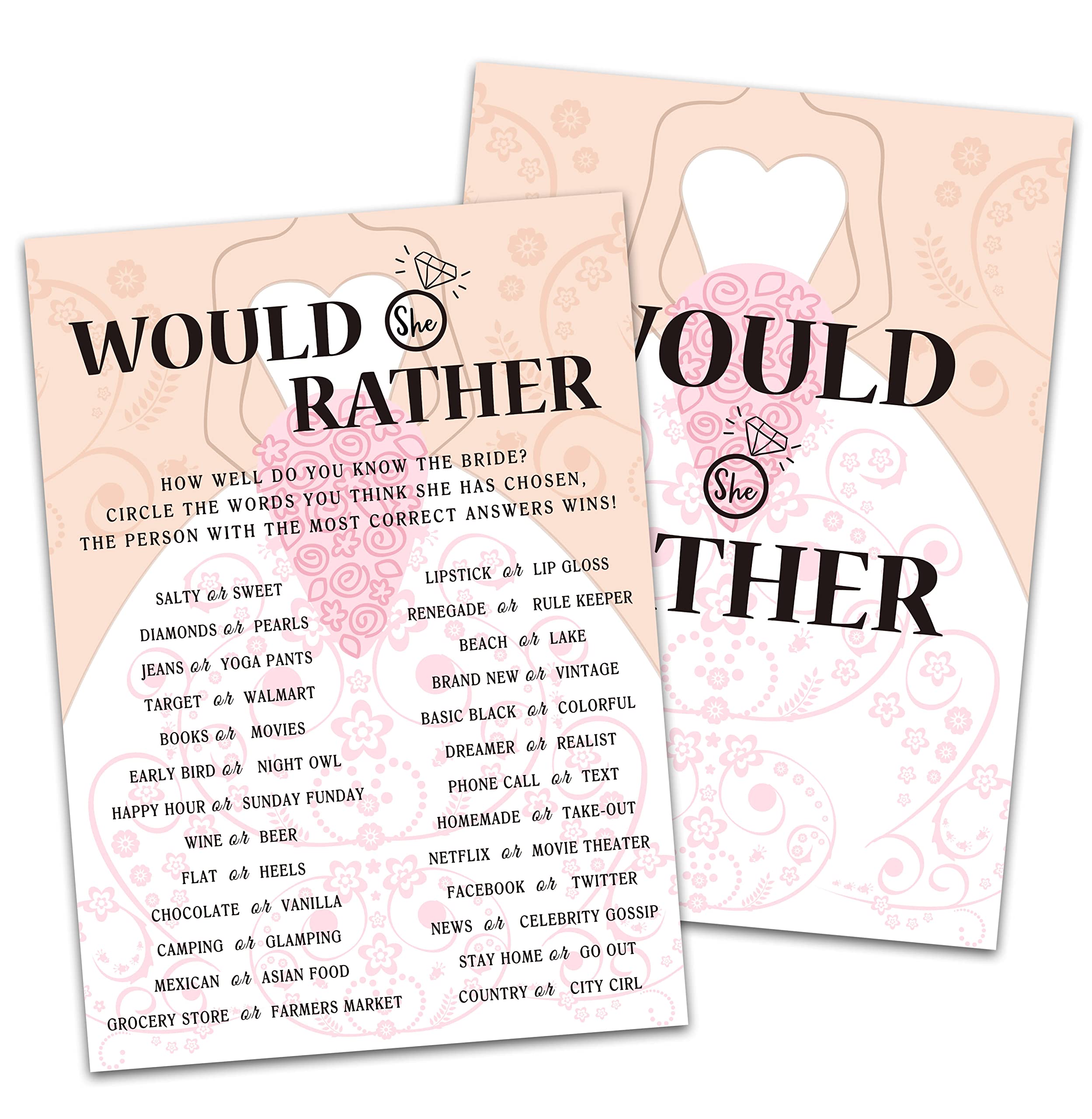 Huastatewolf Bridal Shower Game Cards, Would She Rather Game, Brid with Holding Flowers Pink Engagement Party Cards for Wedding, Set of 30 Cards(Dress003)