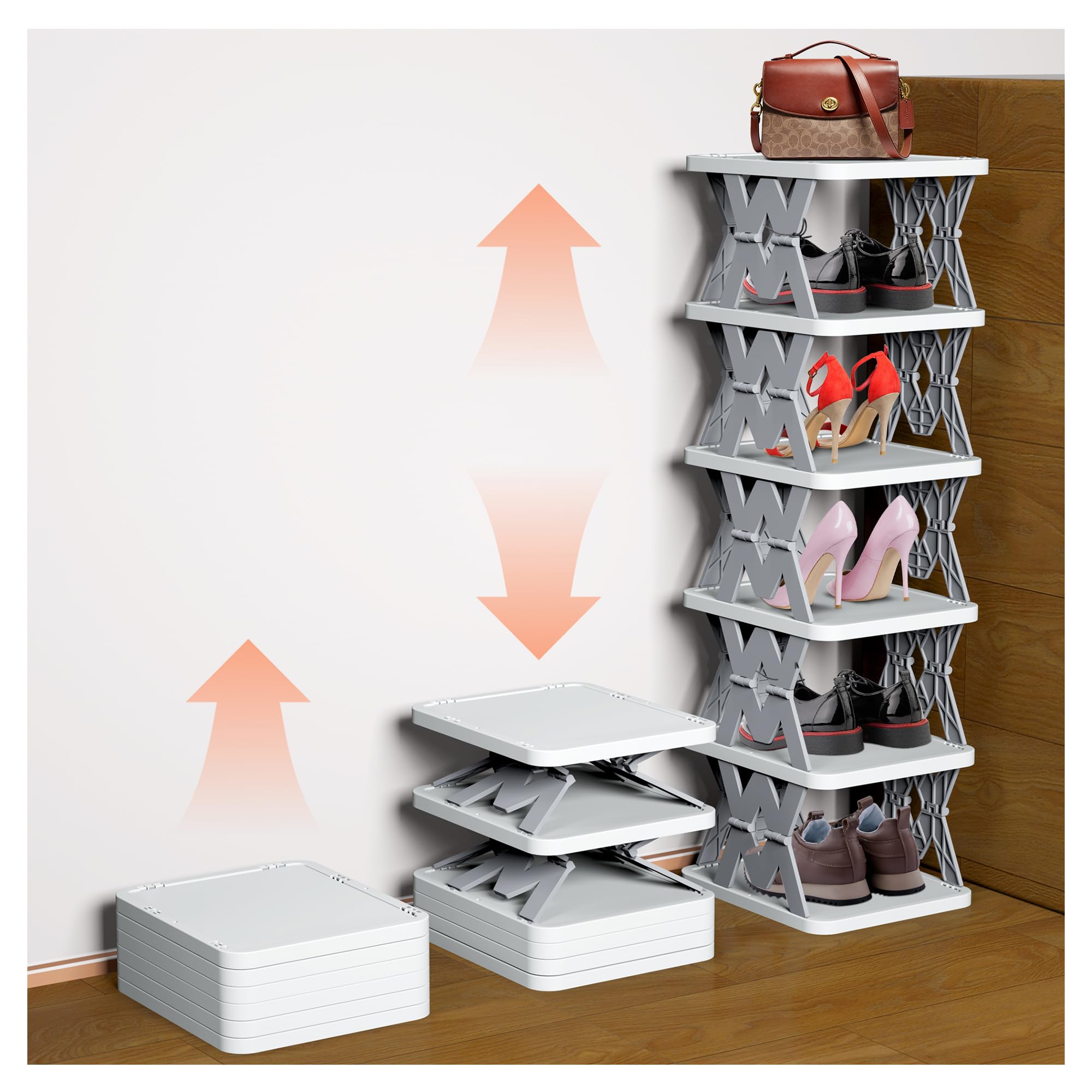 PHUNIGEEFT Shoe Rack, 6 Tier Shoe Shelf Without Assembly, Narrow Small Shoe Storage Space Saving, Shoe Organizer for Closet, Front Door Entrance, Entryway, Bedroom, White