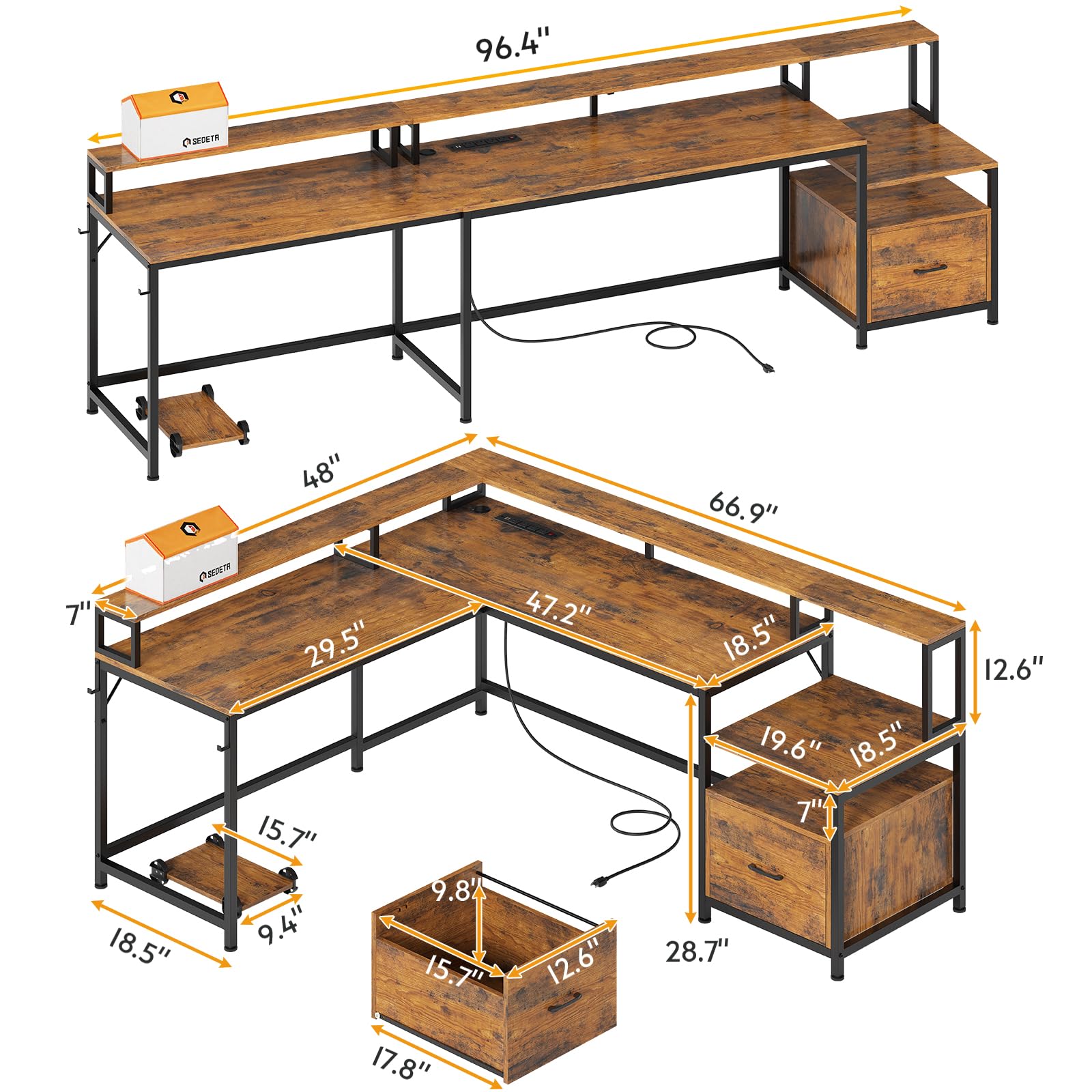 SEDETA L Shaped Desk, 66" Home Office Desk with File Drawer & Power Outlet, Gaming Desk with Led Lights, Corner Computer Desk with Monitor Shelf, Printer Storage Shelves, Two Person Desk, Rustic Brown