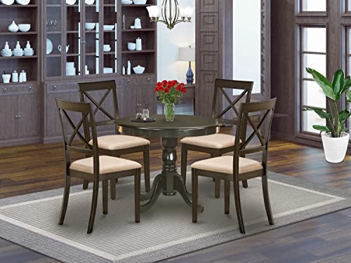 East West Furniture HLBO5-CAP-C 5 Piece Dining Room Furniture Set Includes a Round Dining Table with Pedestal and 4 Linen Fabric Upholstered Chairs, 42x42 Inch, Cappuccino