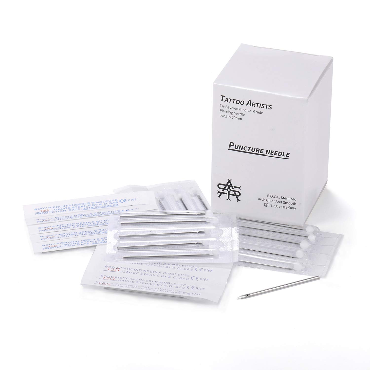 ZS 100pcs Body Piercing Needles - Ear Navel Nose Lip Nipple Piercing, 14G, 15G, 16G, 18G, 20G, Disposable Professional Body Piercing Needles Tool, Tattoo Supplies (15G)
