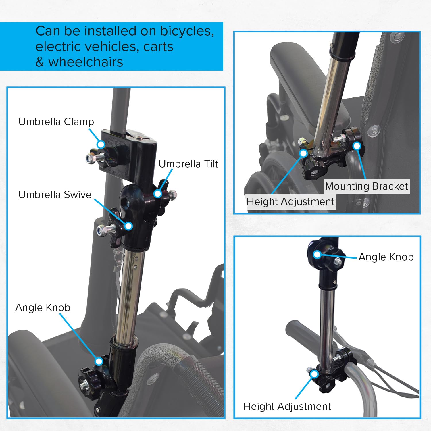 AlveyTech Universal Grip Umbrella Holder for Bike - 360° Angle Adjustable Attachment Clamp Mount Connector, for Bicycle Kick Scooter Baby Stroller Golf Cart Chair, use Beach Sport Sun Shade Outdoor