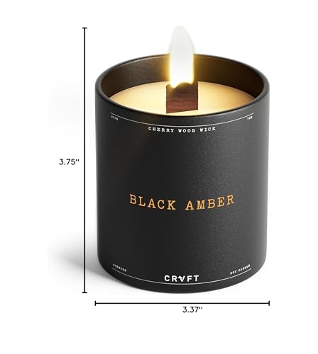 CRVFT Men's Candle - Cherry Wood Candle - Soy Candle 45 Hour Burn Time - Room Decor and Housewarming Gift for Men - 7oz/200g (Black Amber)