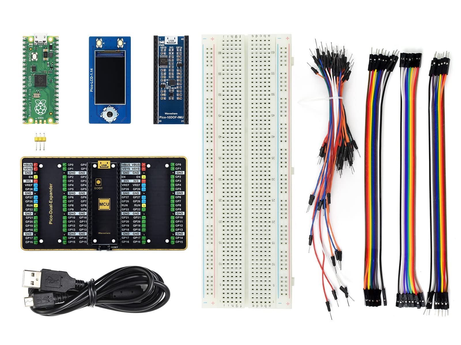 Waveshare Evaluation Kit (Type B) Compatible with Raspberry Pi Pico Includes Pico + Color LCD + IMU Sensor + GPIO Expander Comes with Demo Code for GPIO, PWM, I2C, SPI (8 Items)