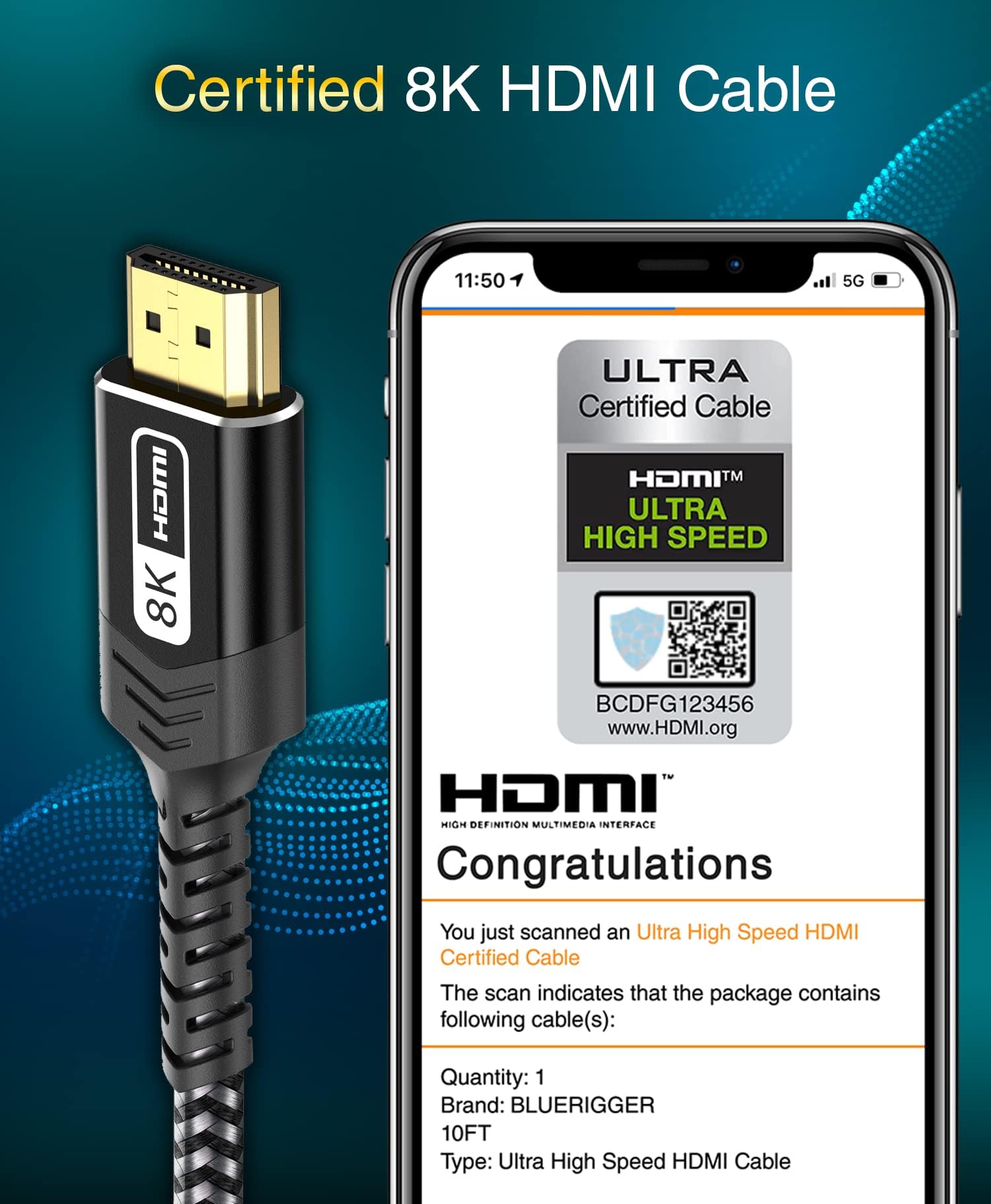 BlueRigger Certified 10K 8K HDMI Cable - 6FT (8K 60Hz Ultra HD, 48Gbps High Speed, eARC, HDR10, 4:4:4, HDCP 2.3) - Compatible with Game Consoles, HDTV, Apple TV, Monitor, Blu-Ray