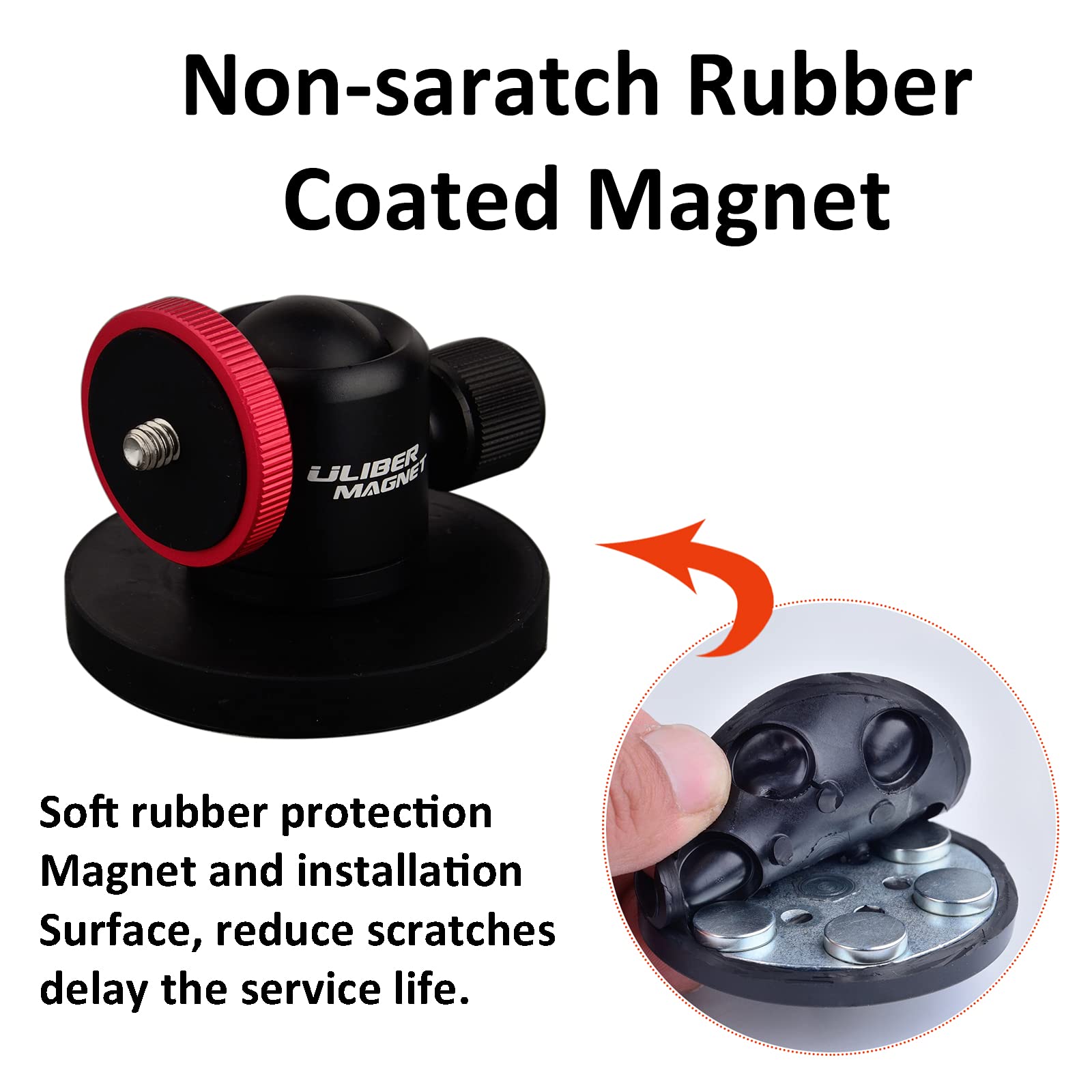 ULIBERMAGNET 60lb Magnetic Camera Mounting Base with Mini Ball Head, Super Strong Rubber Coating Neodymium Magnet with 1/4ββ-20 Male Thread Stud for Mobile Camera, Security Camera.