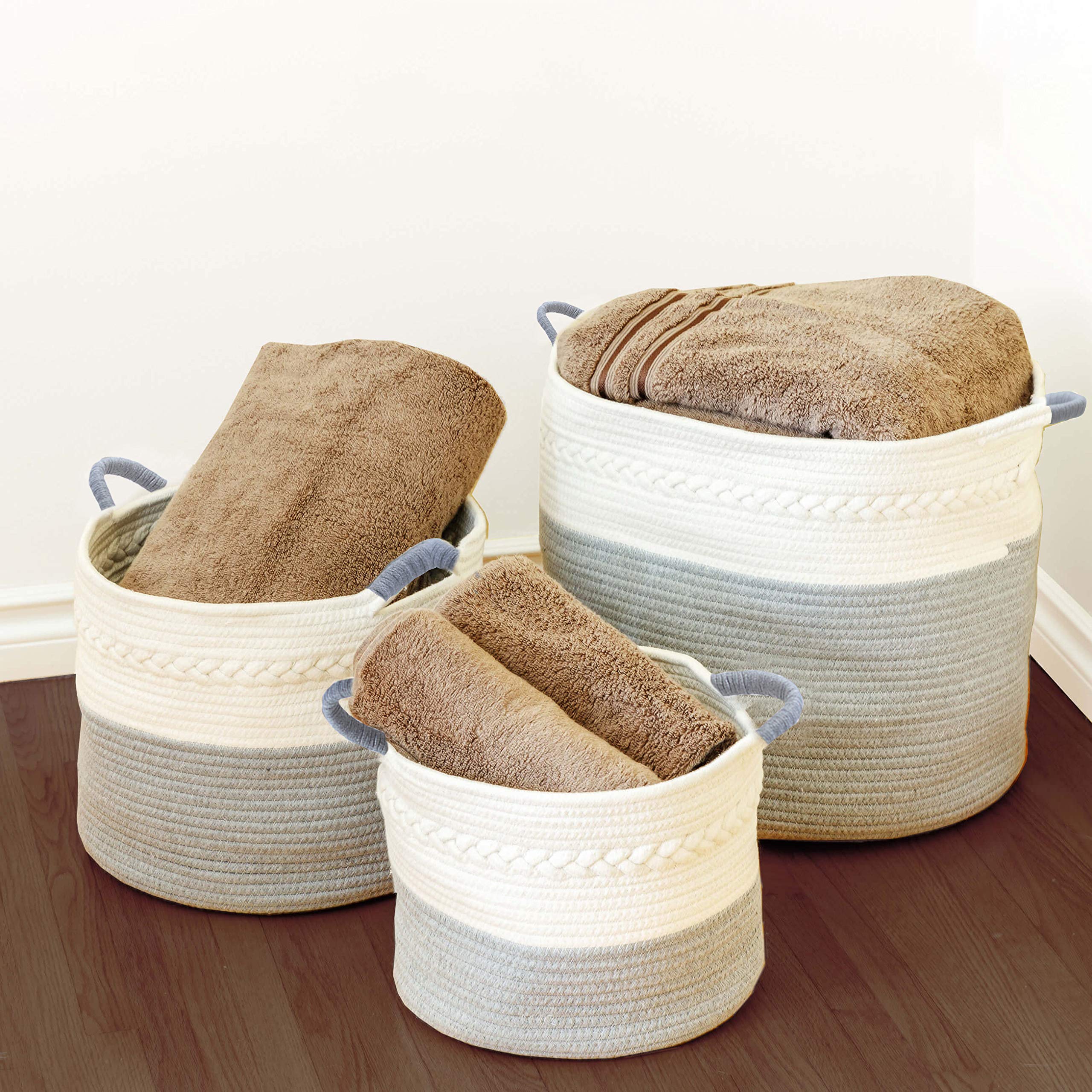 3 Pack Woven Rope Basket Set - Small Medium & Large Organic Woven White & Gray Cotton Rope Baskets, Durable Materials with Soft Rope Handles. Great for Laundry, Toys, Towels, Bedding & Nurseries