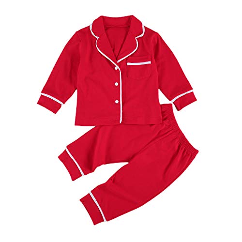 Toddler Baby Button-Down Pajamas Set, Cotton 2-PCS-PJs Set Shirt and Pants Sleepwear for Unisex Kids (Red,18-24 Months)