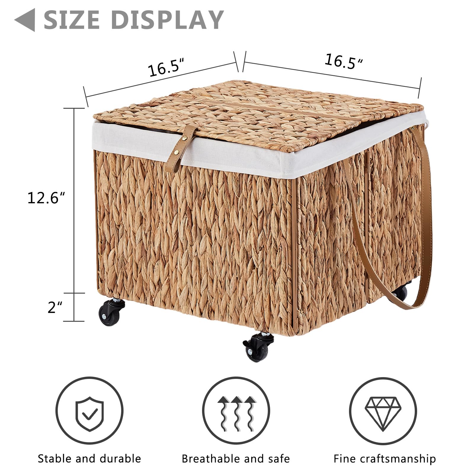 Wimarsbon Storage Basket, Foldable Rolling Hamper With Brakable Wheels and Lid, Handwave Braid Laundry Bin, Clothes Toy Organizer for Living Room (Water Hyacinth)