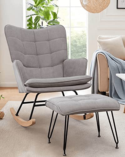MELLCOM Rocking Chair with Ottoman, High Back Nursery Glider Rocker with Solid Wood Leg, Modern Upholstery Linen Fabric Armchair for Nursery, Living Room and Bedroom
