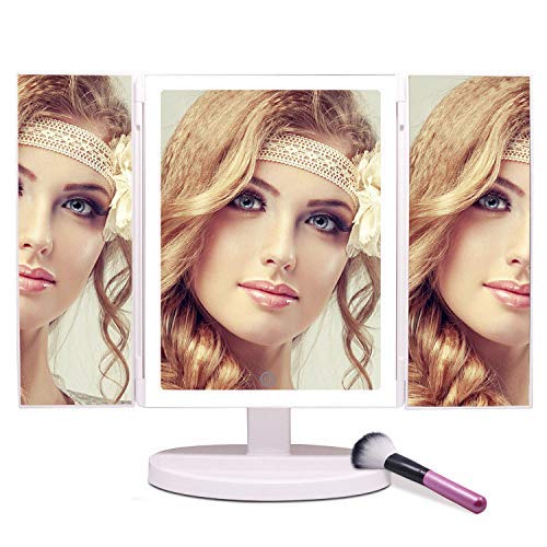 KXA Tri-Fold Vanity Mirror, 24 LED Lighted with Touch Screen 1X/2X/3X Magnification and USB Charging Adjustable Brightness and Stand for Makeup