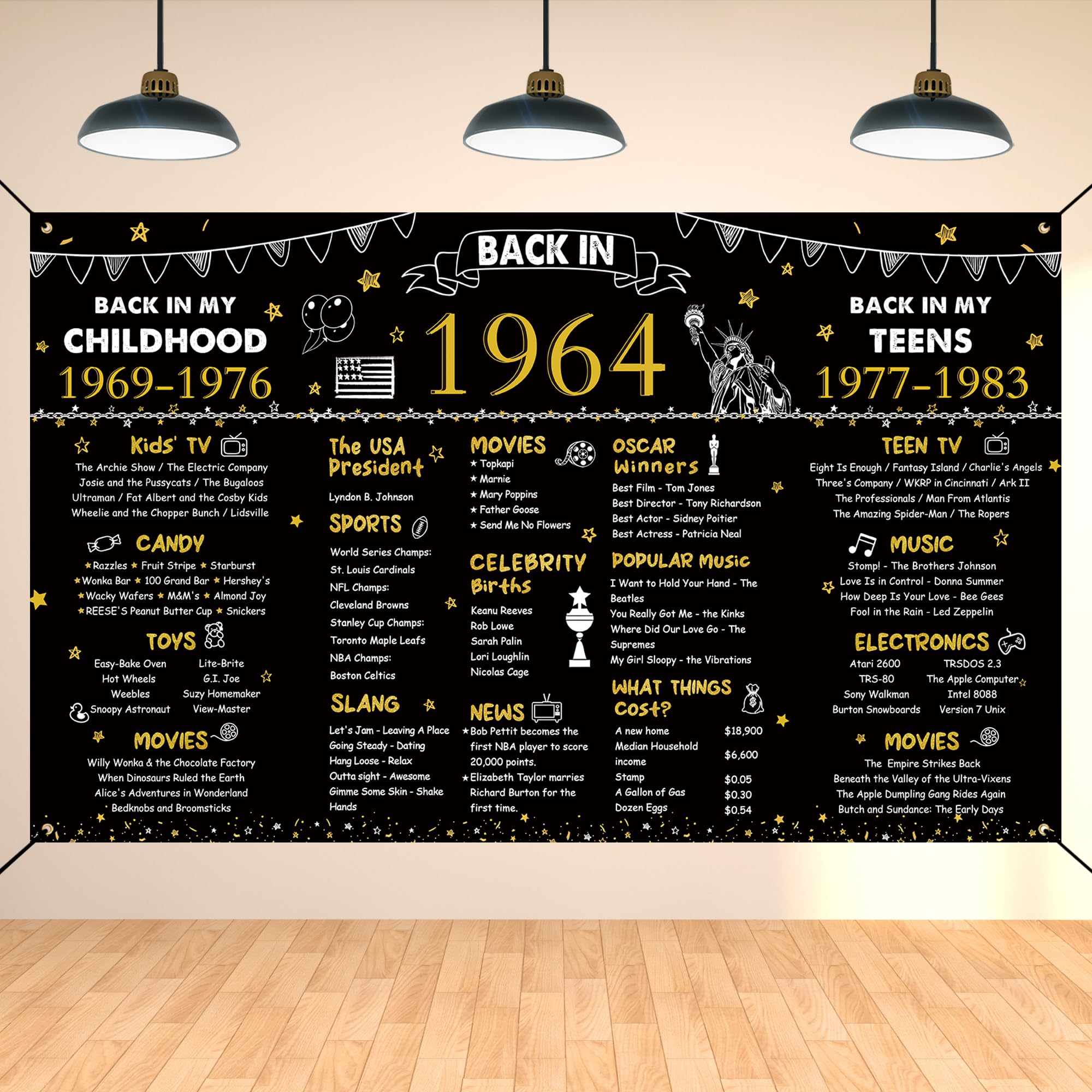 DARUNAXY 60th Birthday Black Gold Party Decoration, Back in 1964 Banner Cheers to 60 Years Old Birthday Party Poster Supplies, 6 * 3.6FT Vintage 1964 Backdrop Photography Background for Men and Women