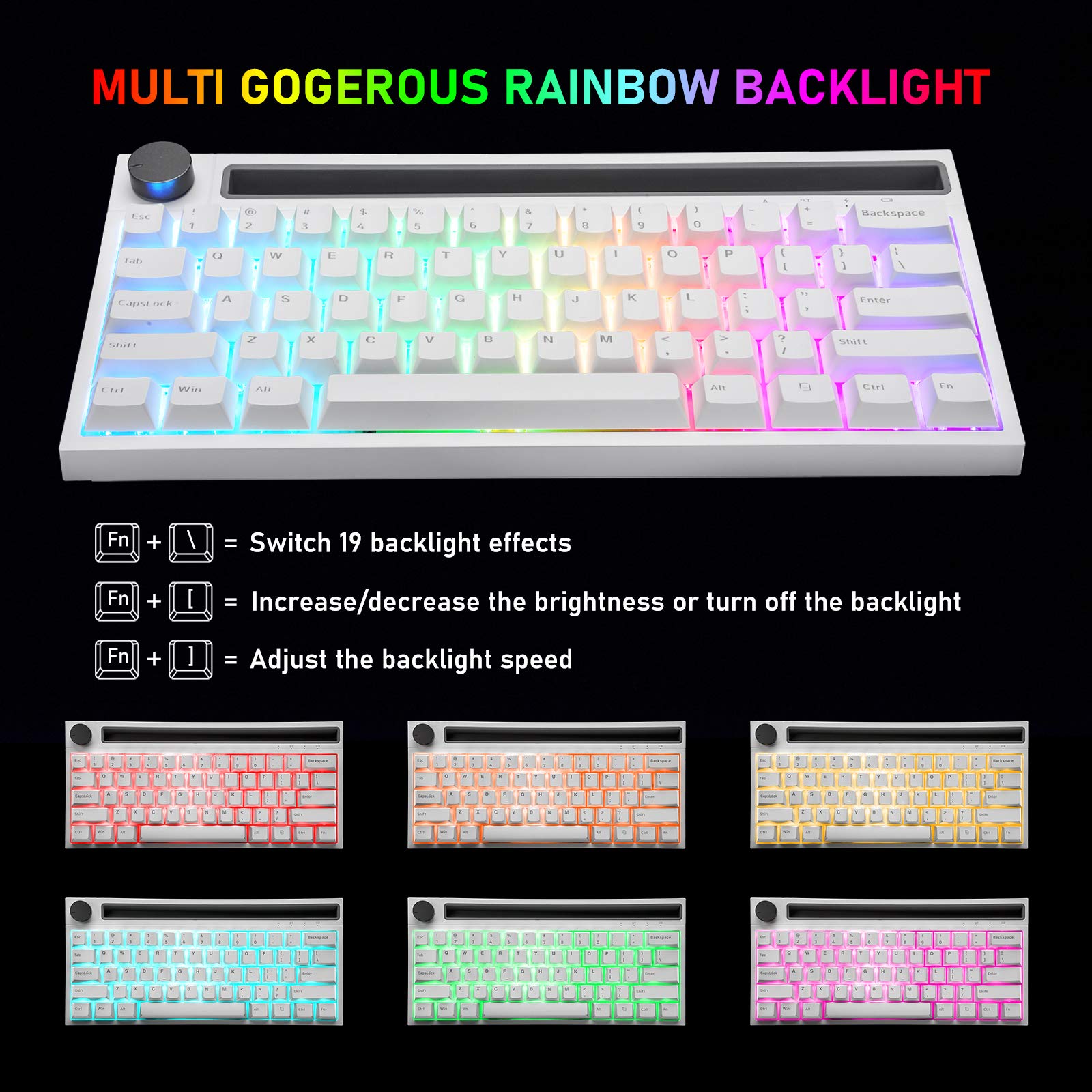 Bluetooth Mechanical Gaming Keyboard with 19 RGB Backlight Mini 61 Key Multimedia Knob Rechargeable 4400mAh Battery Type C Wired/Wireless for PC Mac Mobile Phone Gamer Typist (White/Blue Switch)