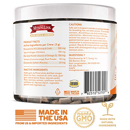 The Missing Link Collagen Care Soft Chew Nutritional Treats for Dogs - Collagen, Glucosamine, Chondroitin & Turmeric - Mobility & Anti-Inflammatory Support - Hip & Joint 60 Count