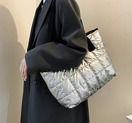 Women Light Weight Puffer Quilted Tote Winter Handbag Shoulder Bag (Silver)