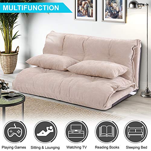Adjustable Floor Sofa Bed with 2 Pillows , Folding Futon Couch Leisure Lazy Sofa with 5 Reclining Position, Suede Floor Sofa for Reading or Gaming in Bedroom/Living Room/Balcony,Beige