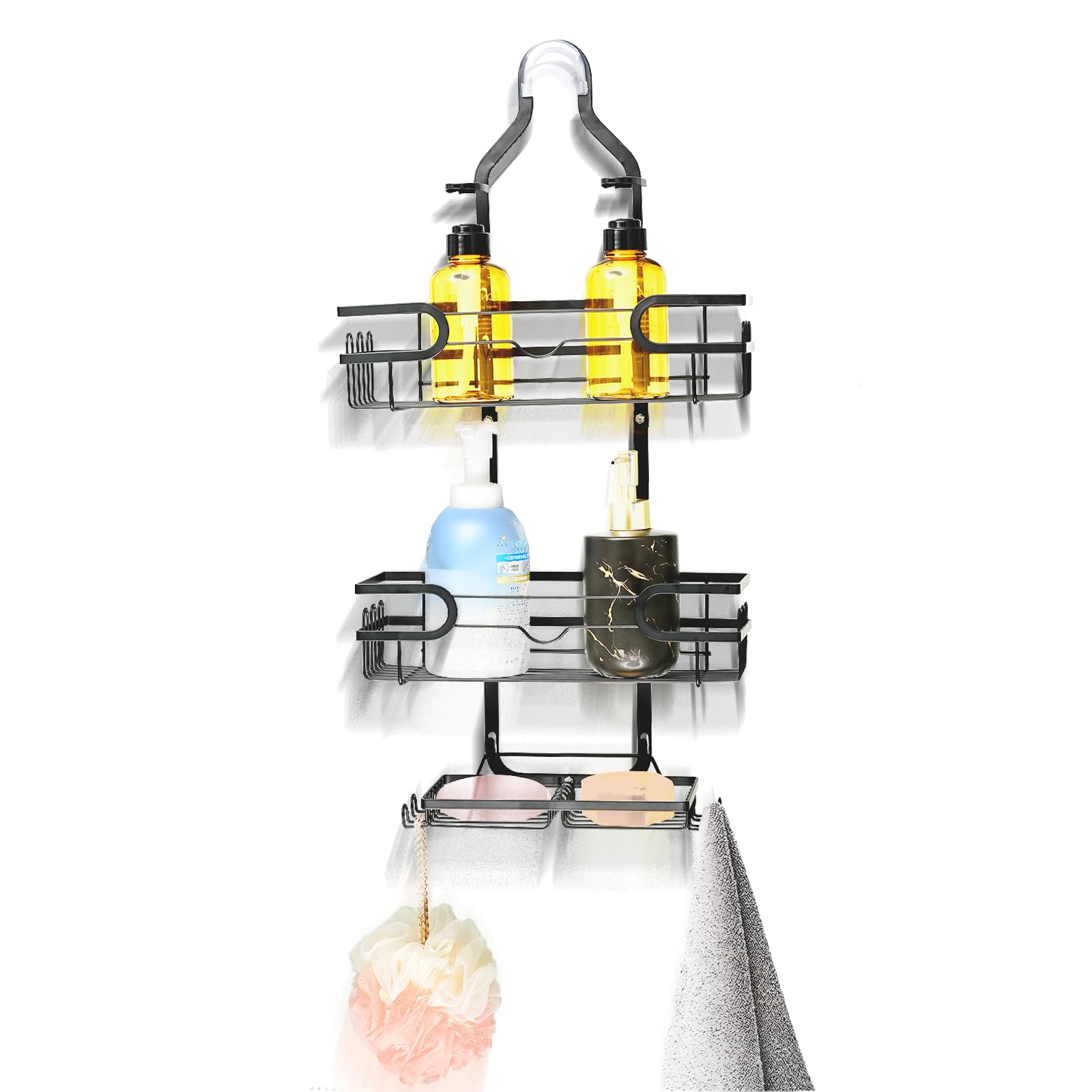 Lawhood-Mijin Shower Caddy Hanging, Over Head Shower Caddy Shower Storage Rack Basket with Hooks for Razor and Sponge Rustproof, No Drilling, Accessories for Bathroom and Kitchen, Black