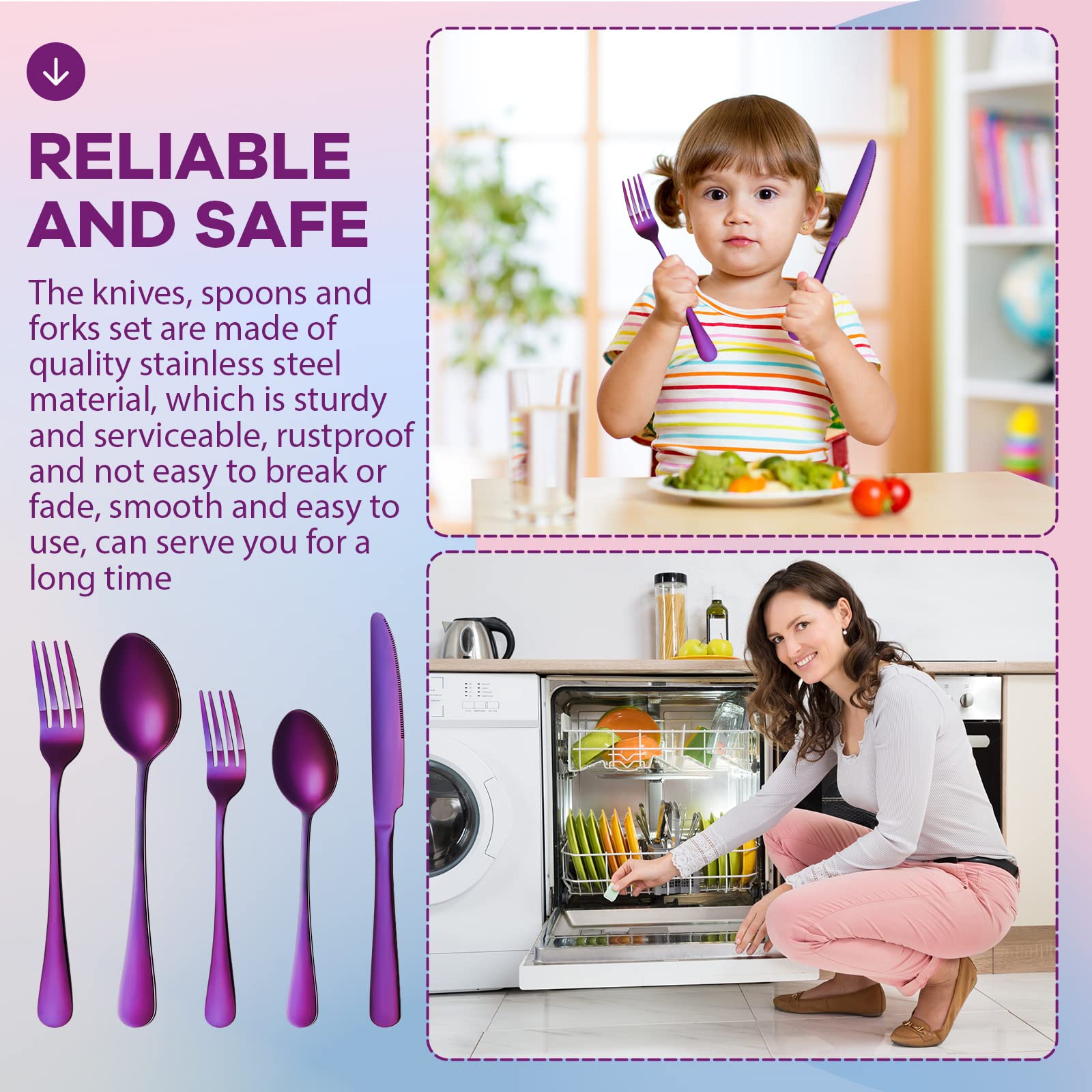 50 Pieces Purple Silverware Set Service for 10 Stainless Steel Flatware Set Metal Utensils Set Tableware Cutlery Set Including Knife Forks Spoons for Home Wedding Restaurant Table Dishwasher Safe