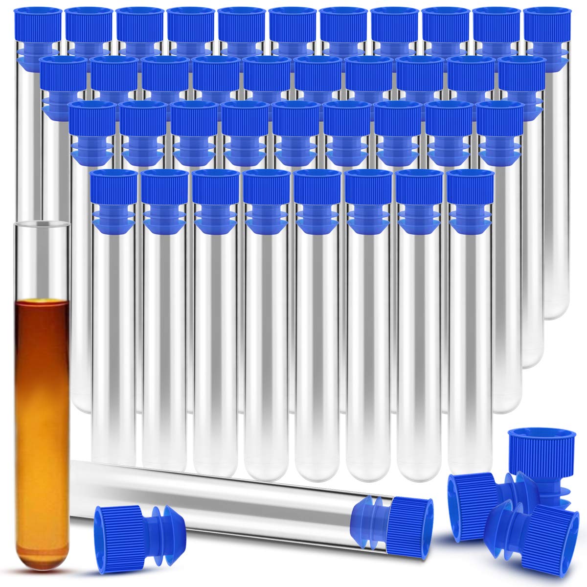 WYKOO 50 Pcs 13ml Clear Plastic Test Tubes with Blue Cap, 16x100mm Vials Container Sample Tubes for Liquid, Scientific Experiments, Craft, Party Supplies, Candy Storage, Home Decoration