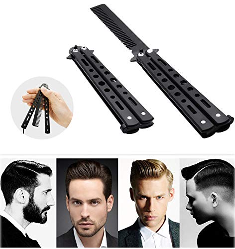 Stainless Steel Beard Comb Men's Hair, Beard and Mustache Styling Comb Steel Practice Training Butterfly Comb (Black)
