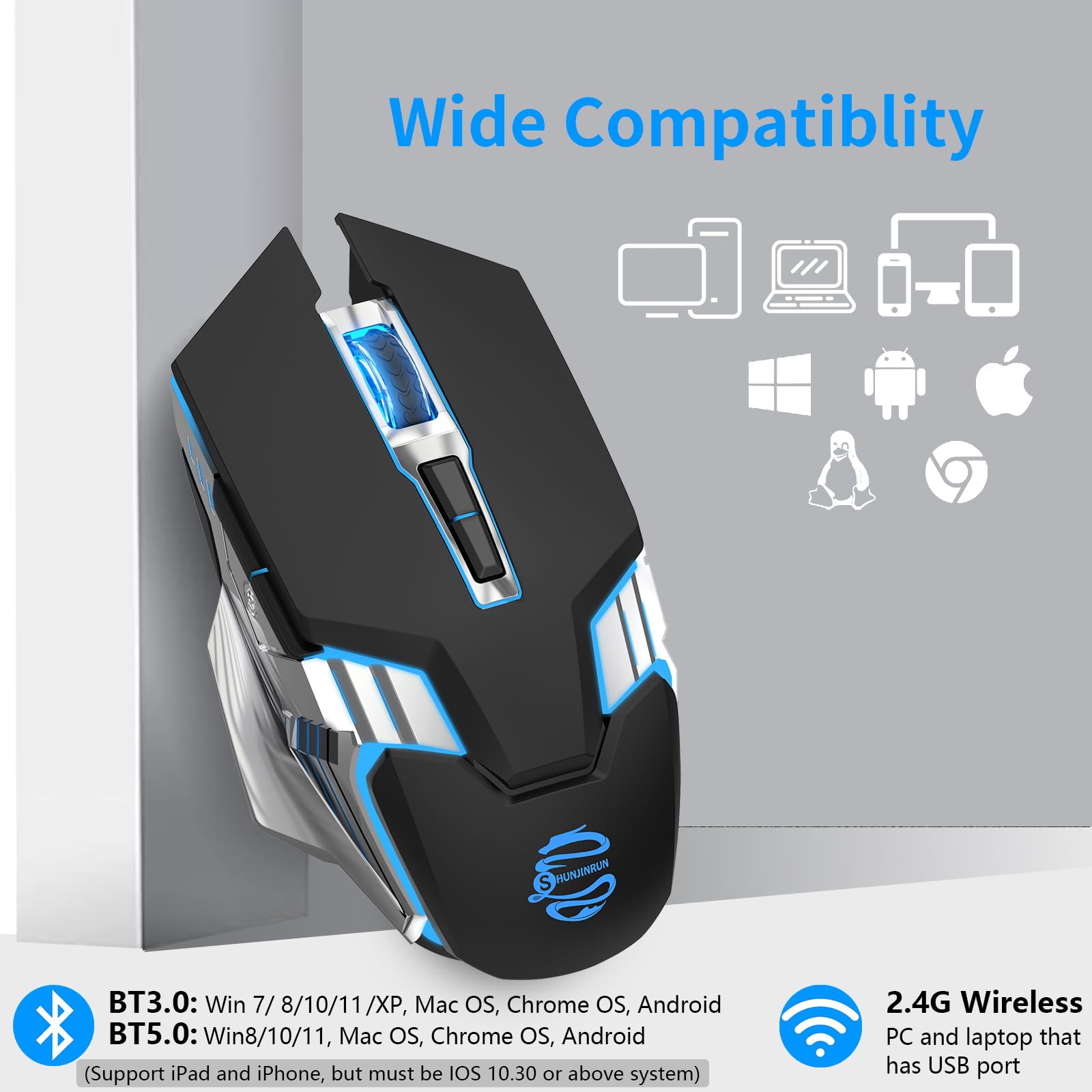 Bluetooth Mouse Rechargeable, Wireless Gaming Mouse Multi Device(BT5.0/3.0+2.4G) with Side Buttons, USB Receiver, RGB Backlit, Cordless Computer Mice for Laptop, Windows PC Mac Tablet(Black-Mute)