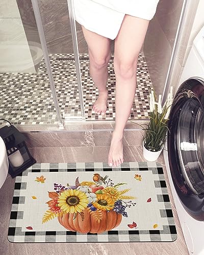 Bathroom Floor Shower Mat, Non-Slip Small Rugs - Easy to Clean, Thanksgiving Pumpkin Sunflower Maple Leaf Durable Bath Rug 16"x24" Washable Quick Dry Diatomaceous Earth Mats for Bathtubs