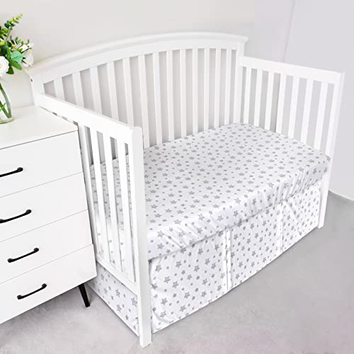 Crib Skirt Boy Girl Pleated Dust Ruffle Machine Washable, 14" Drop, Toddler Crib Bed Skirt White with Grey Star, Microfiber Nursery Standard Crib Bedding Skirt