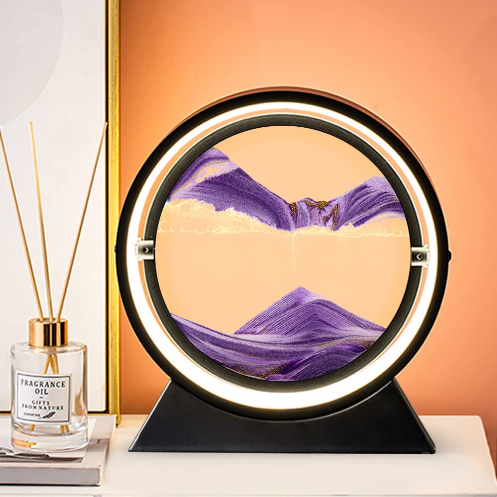 3D Hourglass Quicksand Moving Sand Art LED lamp Sand 360 Degree Rotation Scene Dynamic Living Room Decoration Home Decor Gift (Color : Black Purple, Size : 12 Inch)