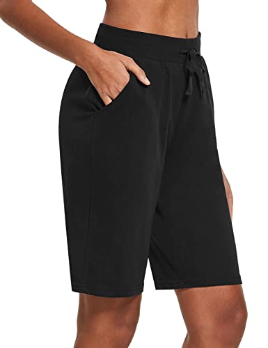 BALEAF Womens Exercise,Basketball,Fitness,Jogging,Walking,Running,Workout,Gym,Yoga Sweat Shorts Long Cotton Bermuda Summer Casual Drawstring Shorts with Pockets, Medium, Black