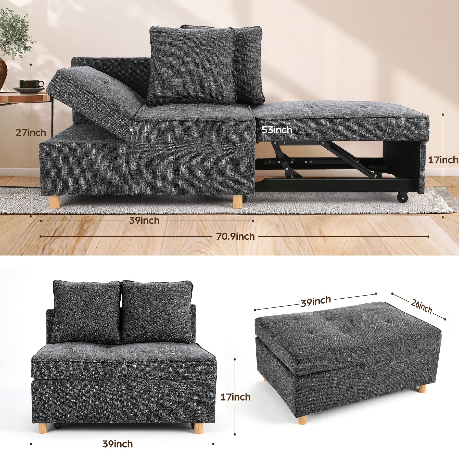 SEJOV Sofa Bed, 4-in-1 Convertible Sleeper Sofa, Pull Out Couch with 3 Seater, Sofa Chair with 5 Adjustable Backrests, 71โโ Linen Couch with 2 Pillow, Loveseat for Living Room, Yellow