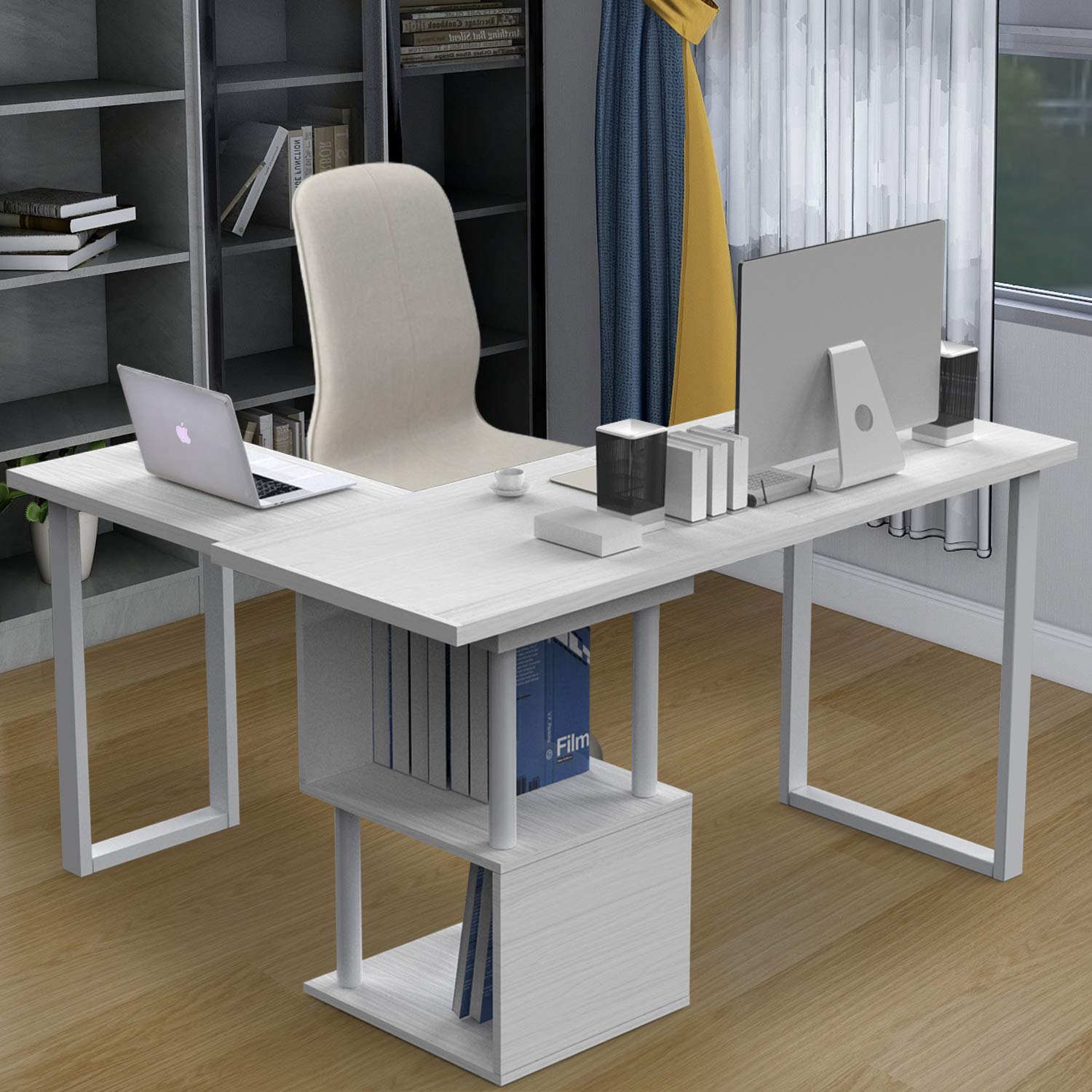 55" Large Size L-Shaped Computer Desk,Workstation with Storage Shelves,360°Rotating Corner Desk,Study Writing Table Home Office Desk (White)