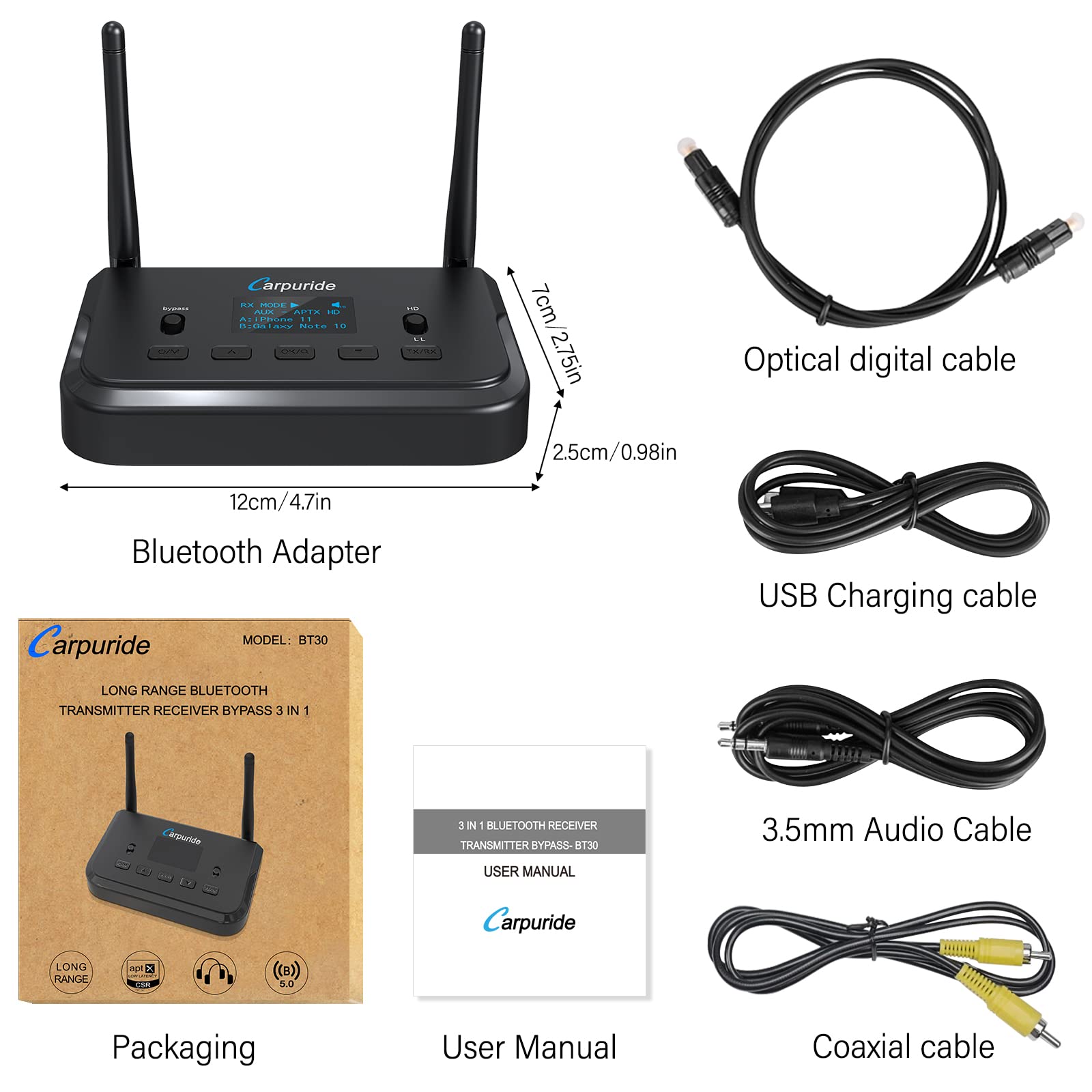 Bluetooth Transmitter Receiver for TV Home Stereo Headphones, 3 in 1 Bluetooth 5.0 Audio Adapter with Screen, AptX Low Latency, Long Range, Optical RCA AUX Coaxial Outputs/Inputs