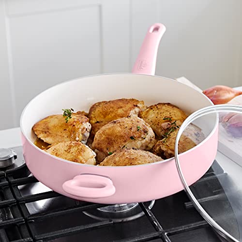 Greenlife Soft Grip Healthy Ceramic Nonstick, 5QT Saute Pan Jumbo Cooker with Helper Handle and Lid, PFAS-Free, Dishwasher Safe, Pink