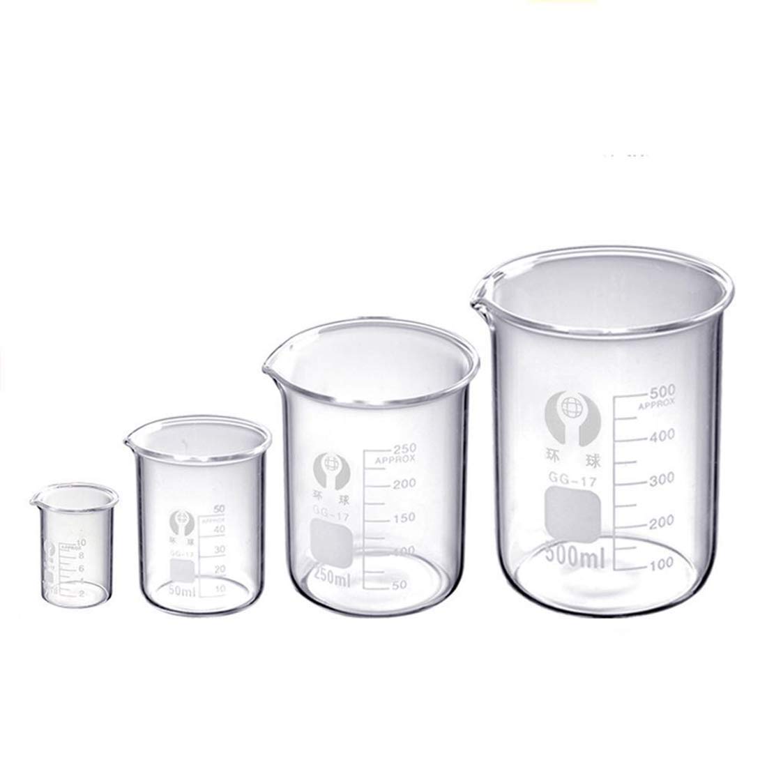 Scientific Glass Beaker Set - 4 Sizes 10ml 50ml 250ml 500ml