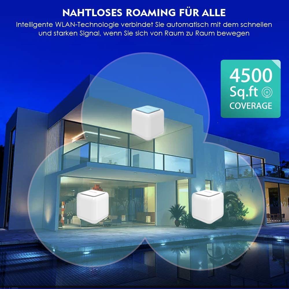 Mesh WiFi Router,Dual Band AC1200 Whole Home Mesh WiFi System with Touchlink Function, Router & Extender Replacement Covers up to 4,500 sq. ft, 2-Pack Includes 1 WiFi Router & 1 WiFi Extenders