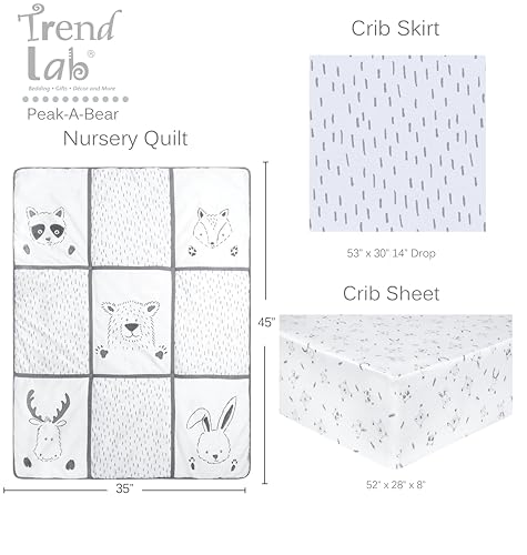 Trend Lab Peek-a-Boo Forest 3 Piece Crib Bedding Set, Gender-Neutral Color Palette, Includes Quilt, Fitted Crib Sheet and Skirt
