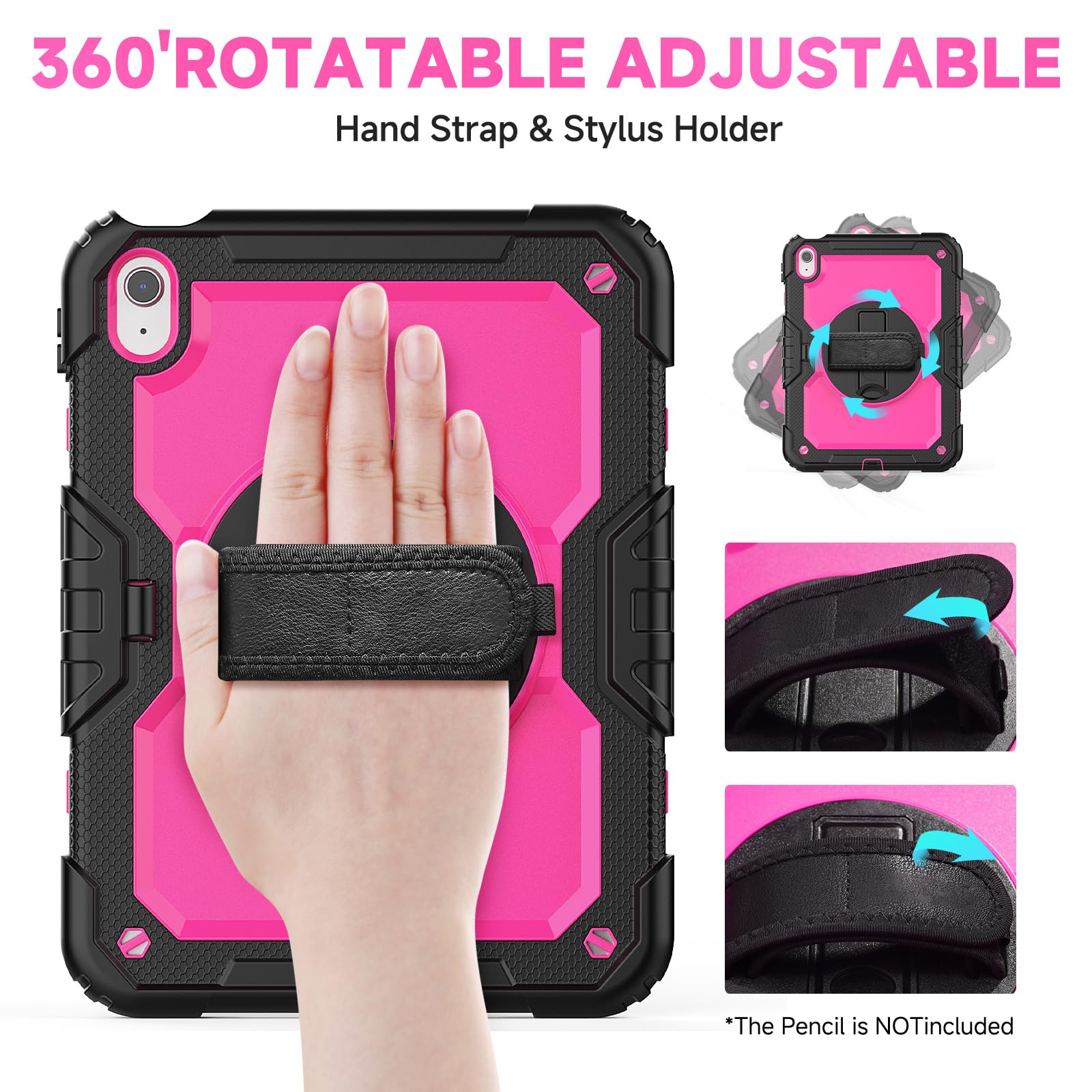 SIBEITU Case for iPad 10th Generation 10.9 inch 2022 with Screen Protector Pencil Holder, 3 Layer Shockproof Rugged Protective Case for iPad 10th Gen A2757/A2777 w/Kickstand & Shoulder Strap, Rose
