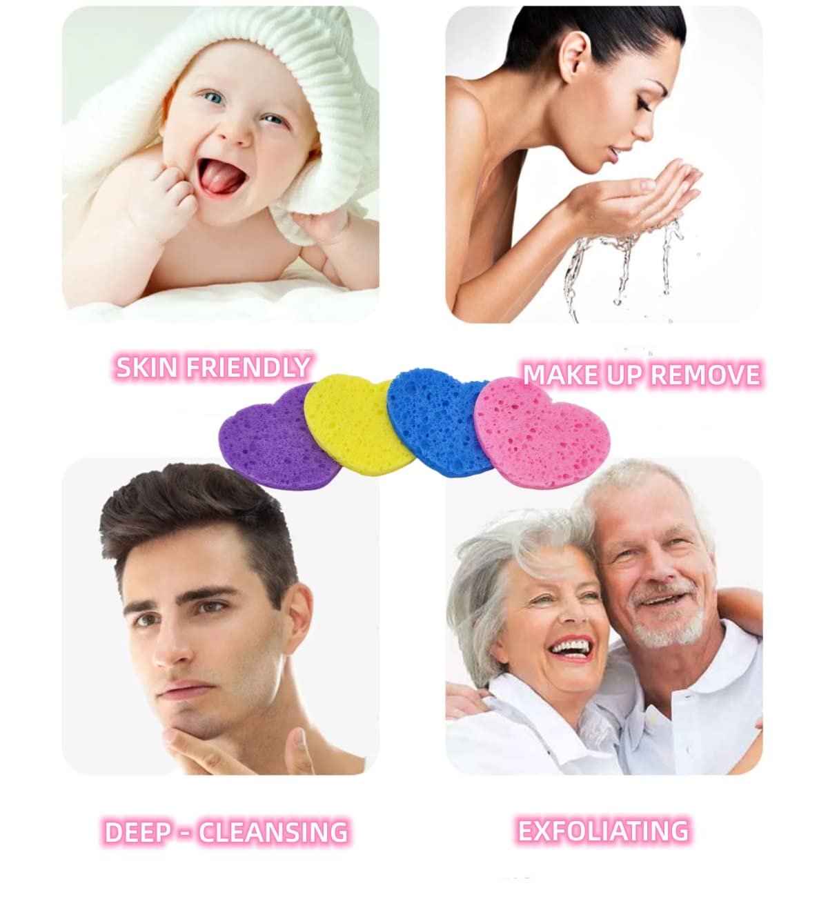 50-Count Compressed Facial Sponges Heart Shape,Reusable Natural Face Sponges Professional Cosmetic Spa Sponges for Face Cleansing, Massage, Pore Exfoliating, Mask, Makeup Removal (Heart, Pink)