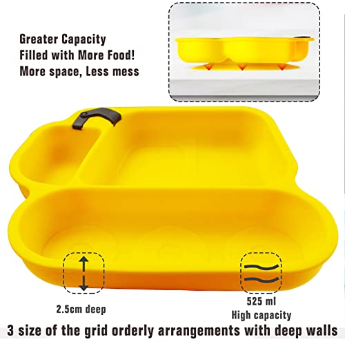 Baby Plate Silicone Divided, Suction Toddler Plates Dishes for Toddler Kids Self Feeding, BPA Free, Microwave & Dishwasher Safe(Yellow)