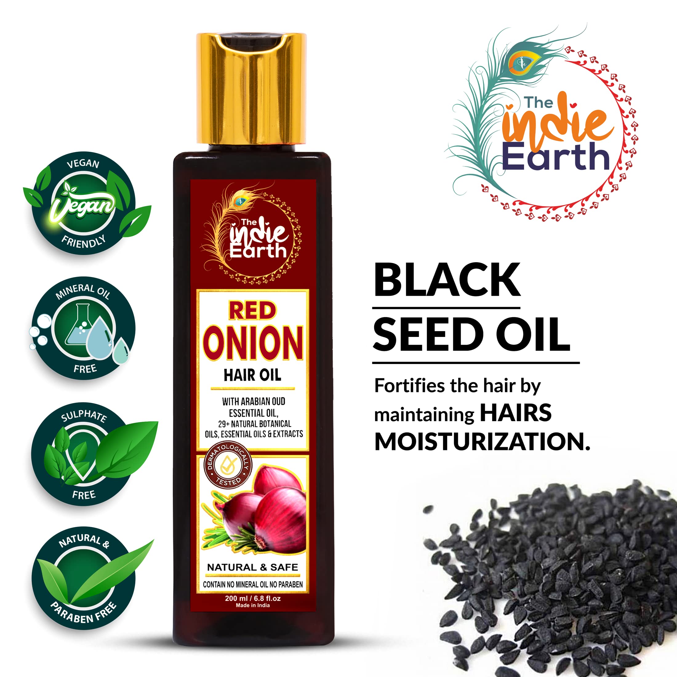 Red Onion Hair Growth Oil - Anti Hair Fall Enriched with 29+ Natural Herbs, Extracts & Oils Including Argan, Jojoba, Rosemary & Black Seed - 200ml