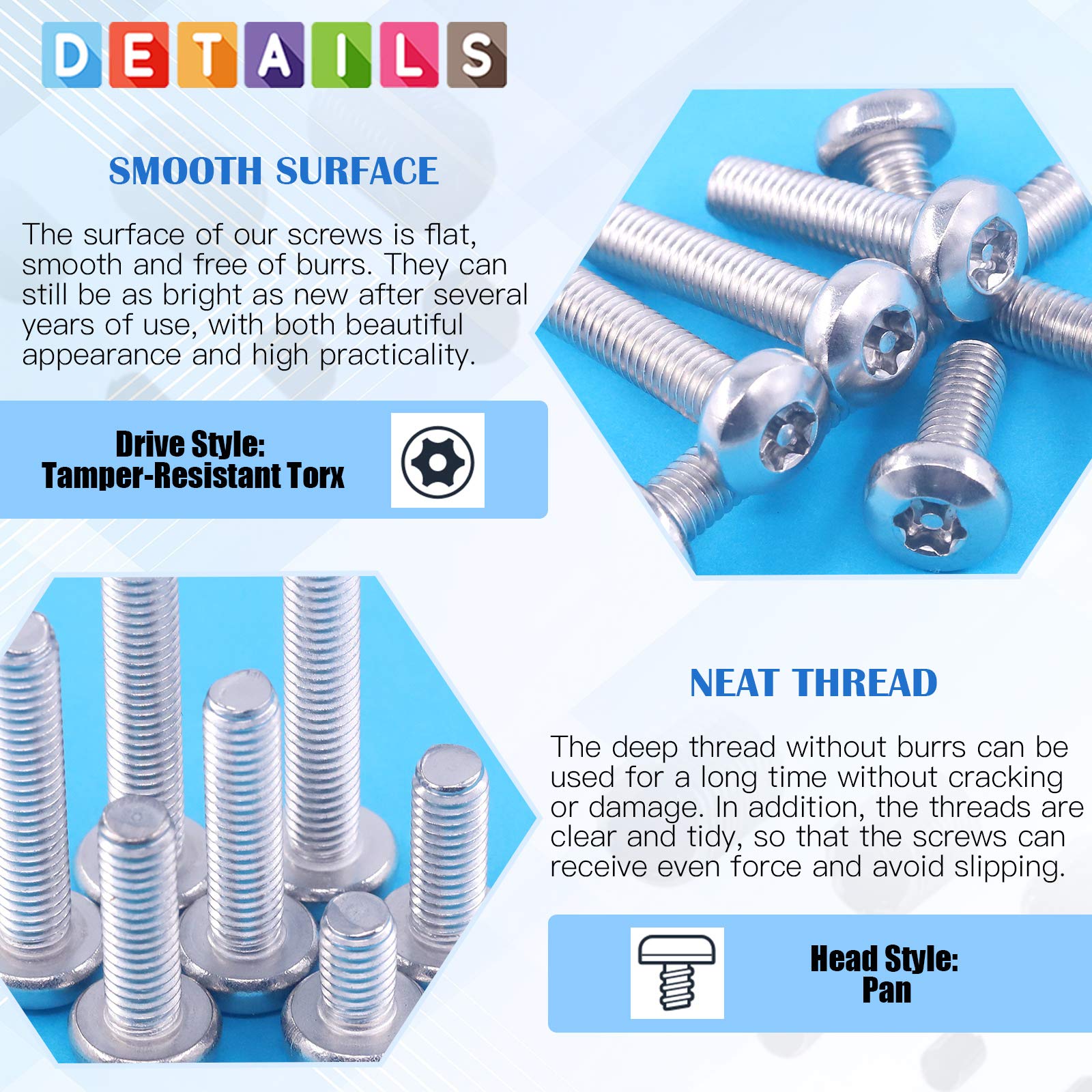 Glarks 91Pcs M3 x 6mm 8mm 12mm 16mm 20mm Pan Head Torx Security Screws 304 Stainless Steel Tamper Resistant Screws Assortment Set
