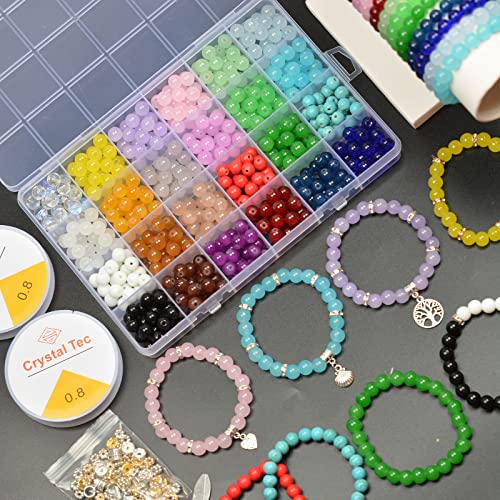AIFNIY 570PCS Glass Beads for Jewelry Making 8mm Turquoise 24 Colors Crystal Beads Bracelet Making Kit Loose Round Gemstone Stone Spacer Chakra Energy Healing Beads Bulk DIY Crafts (Kit A)